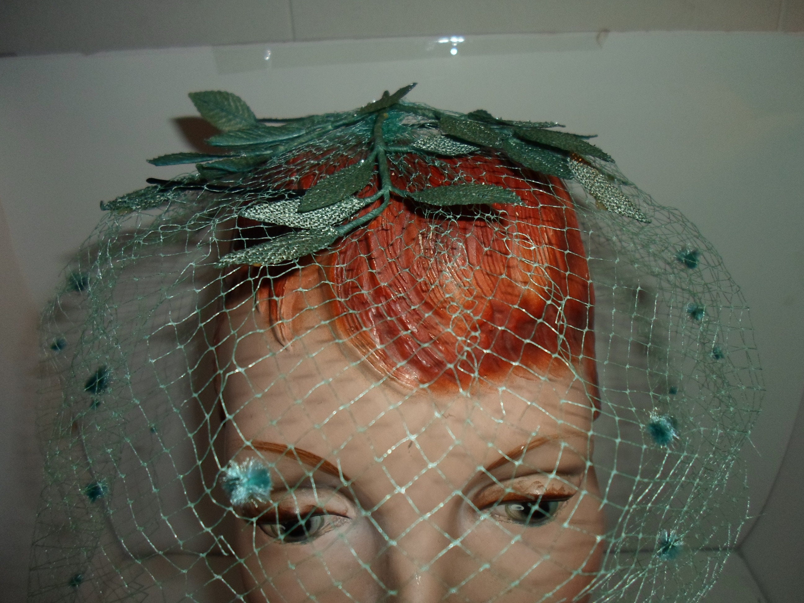 Mid Century Net Stunning Ice Blue Hat Sparkling Leaves and Branches Hat ...
