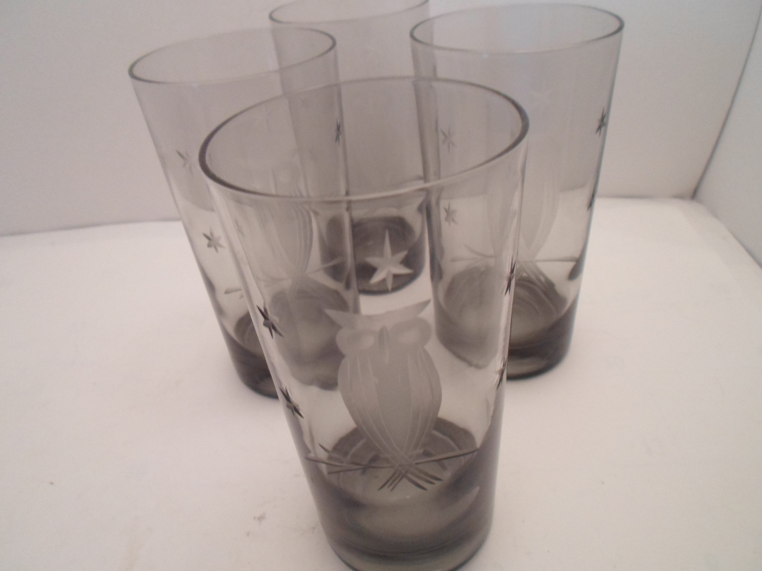 Vintage Mid Century Modern MCM Smoke Grey Glass Tumblers Cut Glass Owl ...