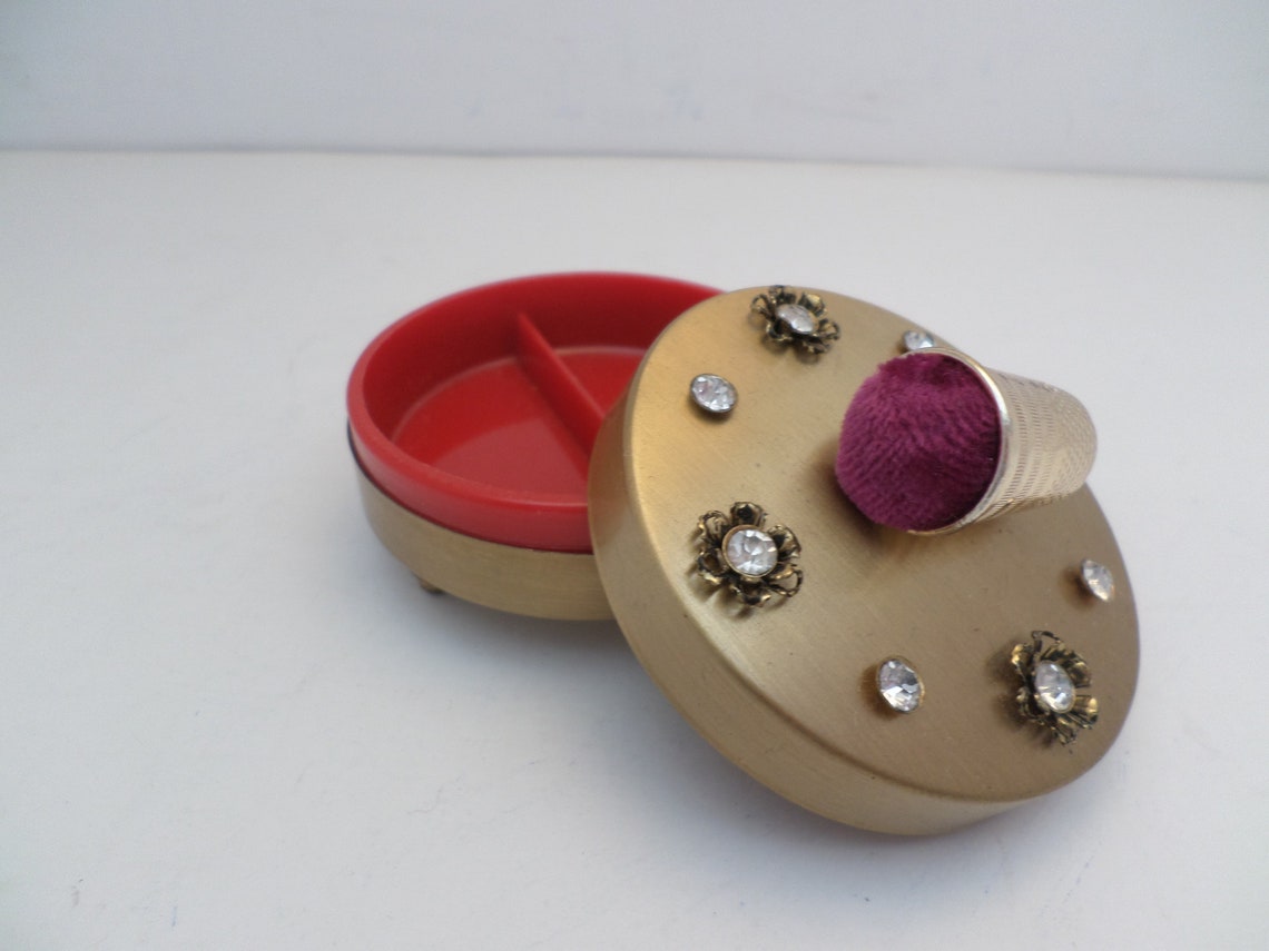 Vintage 60's Pin Cushion Sewing Box Hot Pink Thimble Gold - Etsy