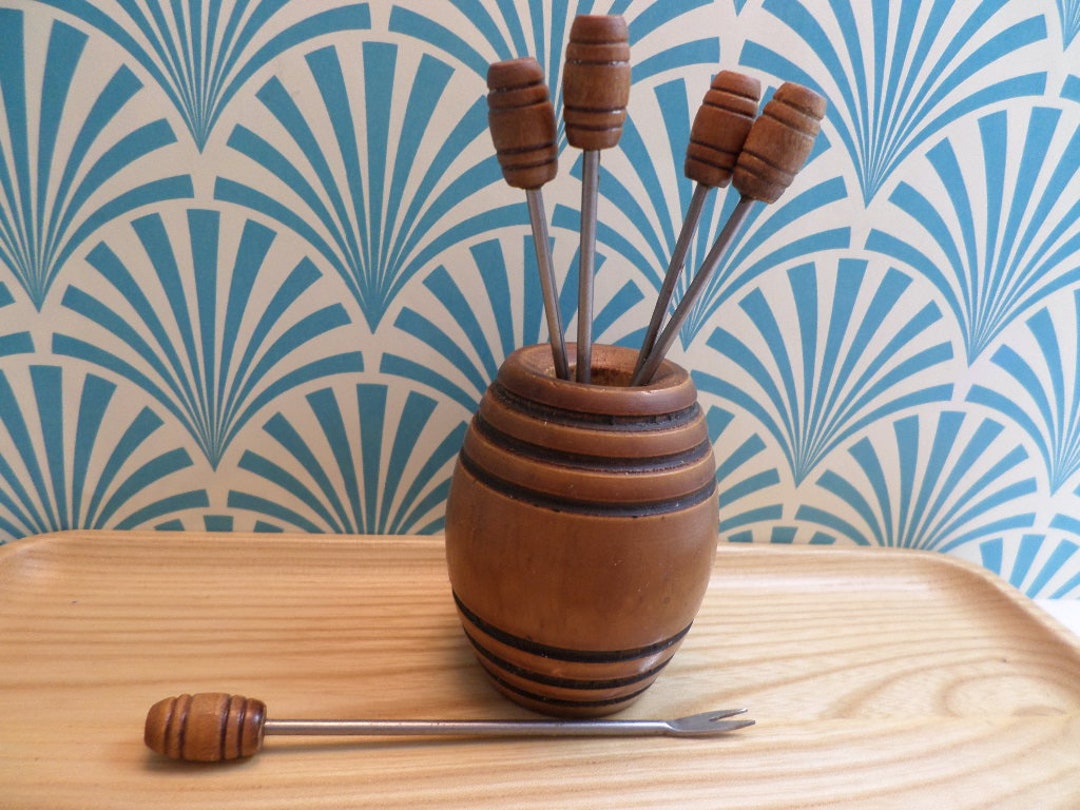 Vintage 50's Cocktail Forks, Wood Barrel of Forks, Cutest Vintage - Etsy