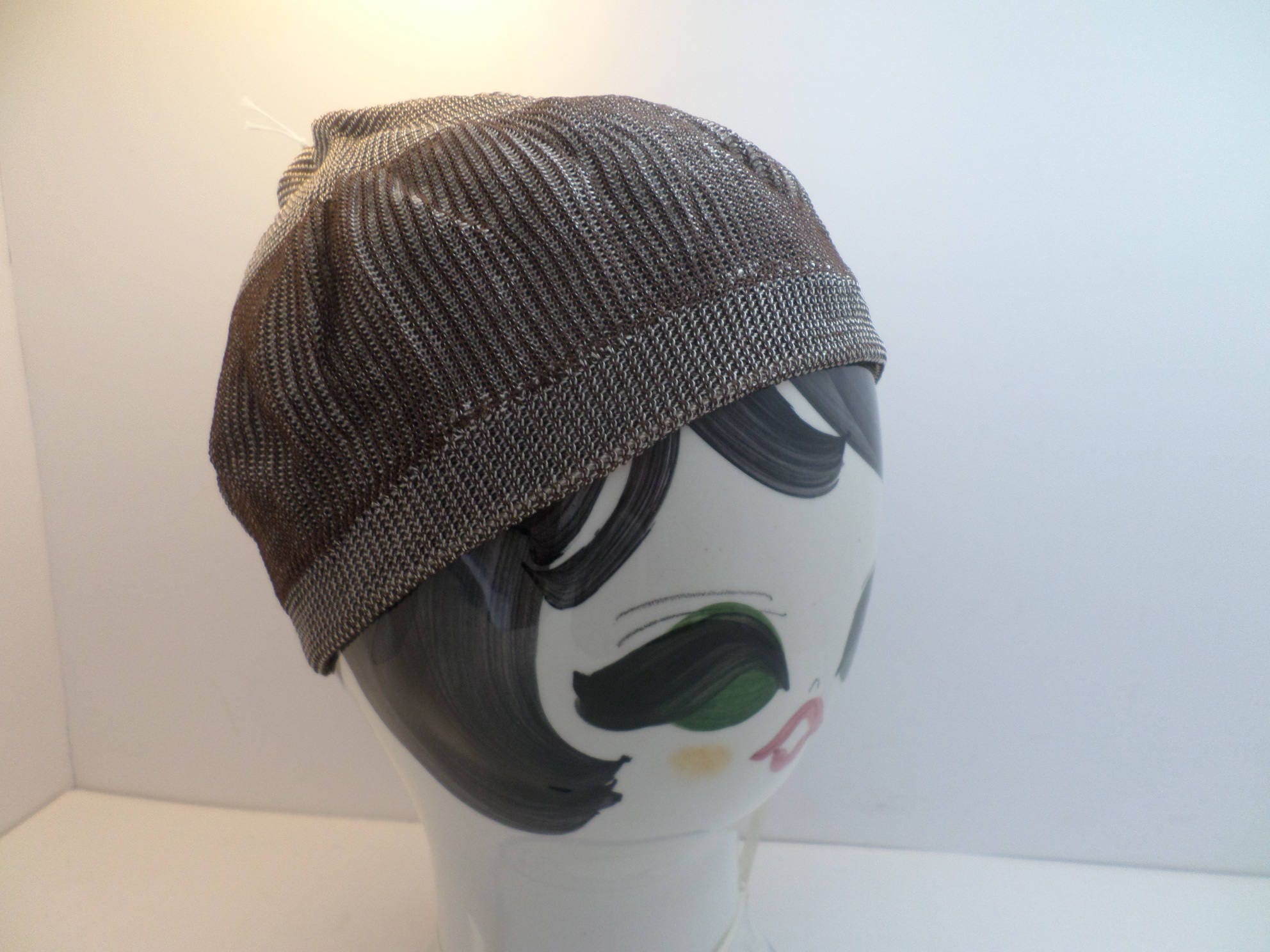 Authentic 1920's deco flapper silky skull cap beanie brown white so sweet