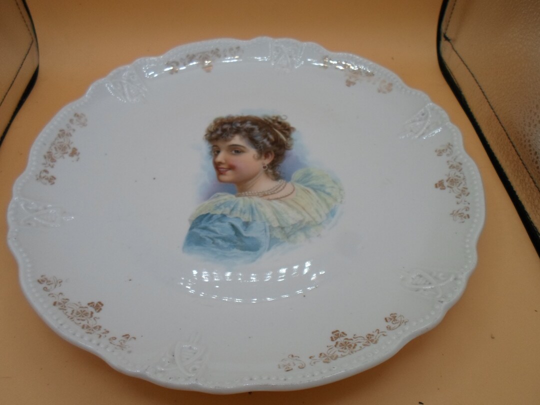 Antique Portrait Plate Platter 12"hand Painted Beautiful Woman With ...