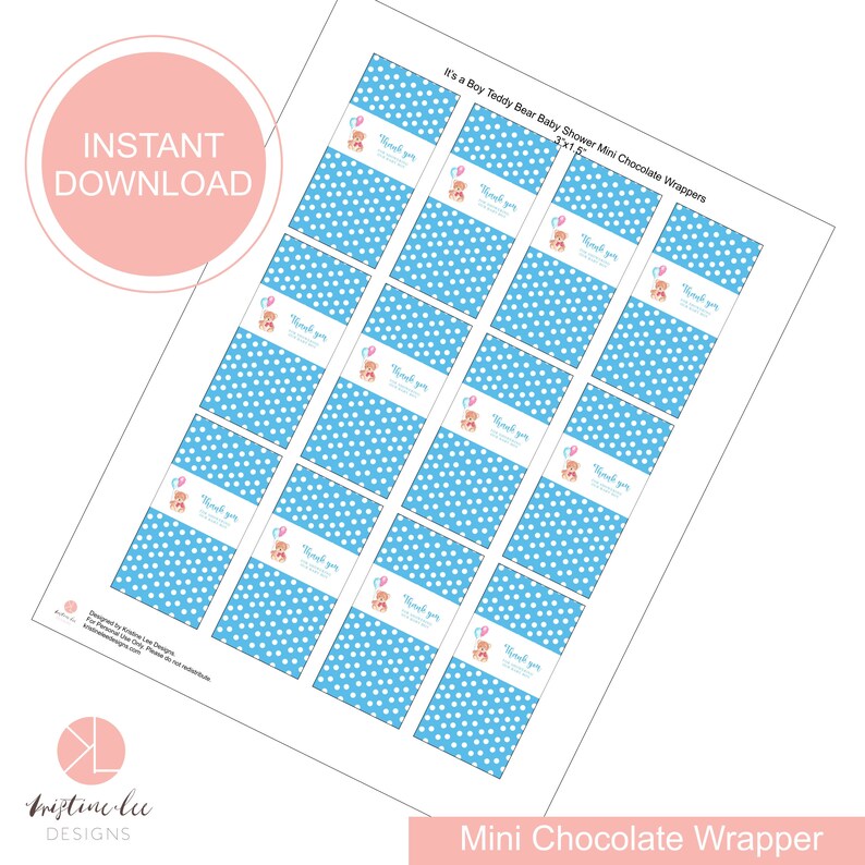 Chocolate Wrapper, Printable, Teddy Bear Baby Shower, It's a Boy, PDF ...