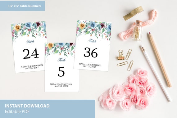 Dusty Blue Watercolor Flowers, Printable Wedding Table Numbers ...
