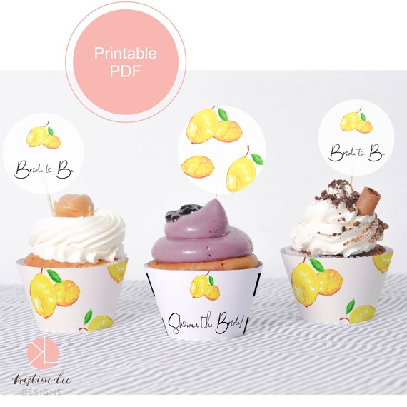 Printable Cupcake Wrappers, Cupcake Toppers, Lemon Bridal Shower, PDF ...