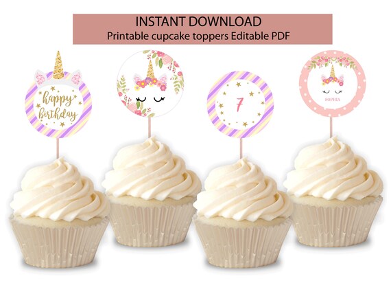 Printable Cupcake Toppers Unicorn Birthday Editable Pdf Party