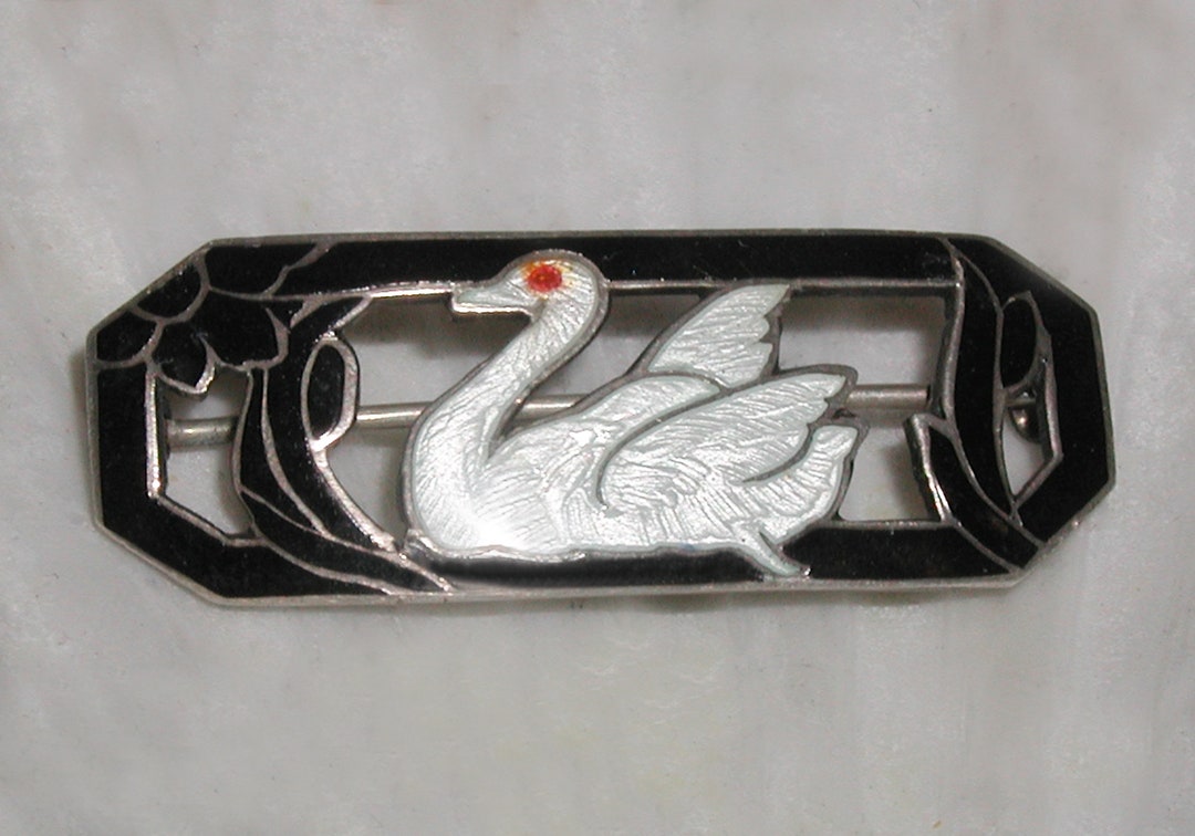 Gorgeous Vintage Art Nouveau White Guilloche Enamel Swan Black Lily and ...