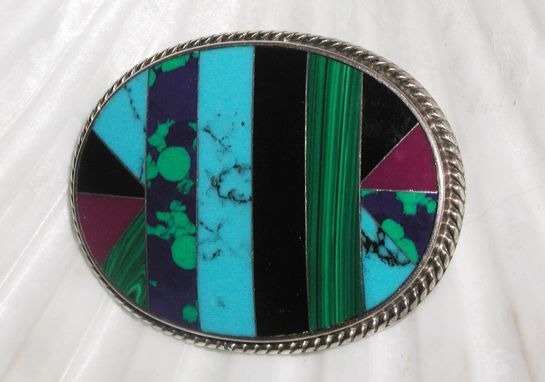 Large Vintage Oval Multi Stone Inlay Azurite Turquoise Malachite Onyx ...
