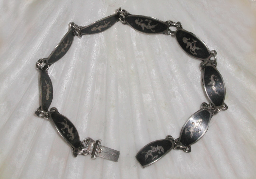 Awesome Vintage Etched Niello Dancers Signed Siam Sterling Silver & Black Enamel Siam Link ...