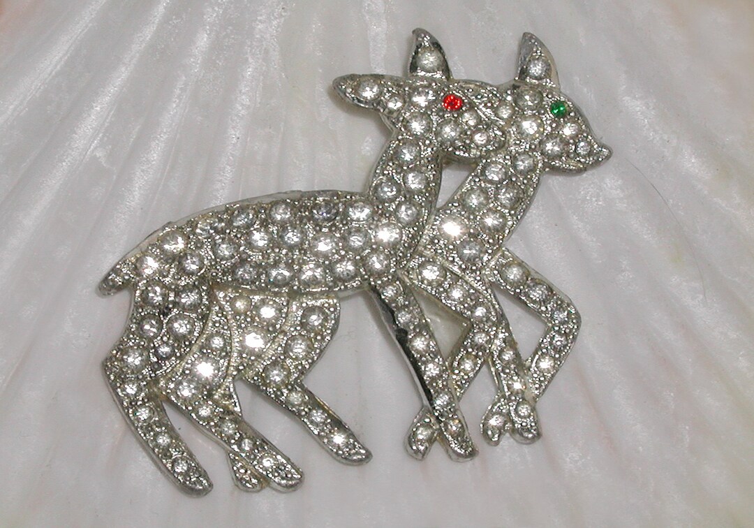 Fabulous Large Vintage Antique Paved Clear Rhinestone Deer Pair Red and ...