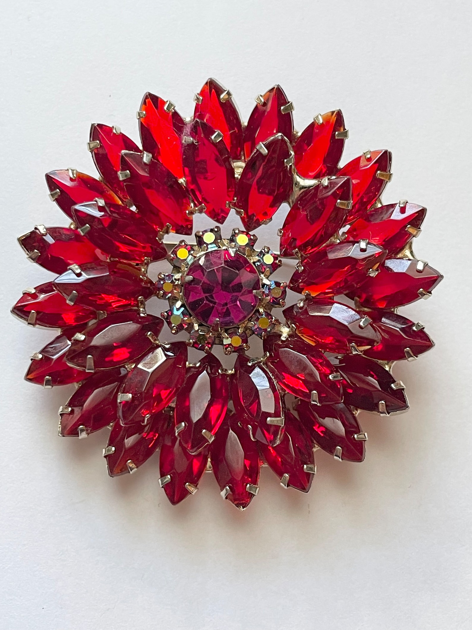 Vintage Large Red Rhinestone Flower Pin Brooch - Etsy