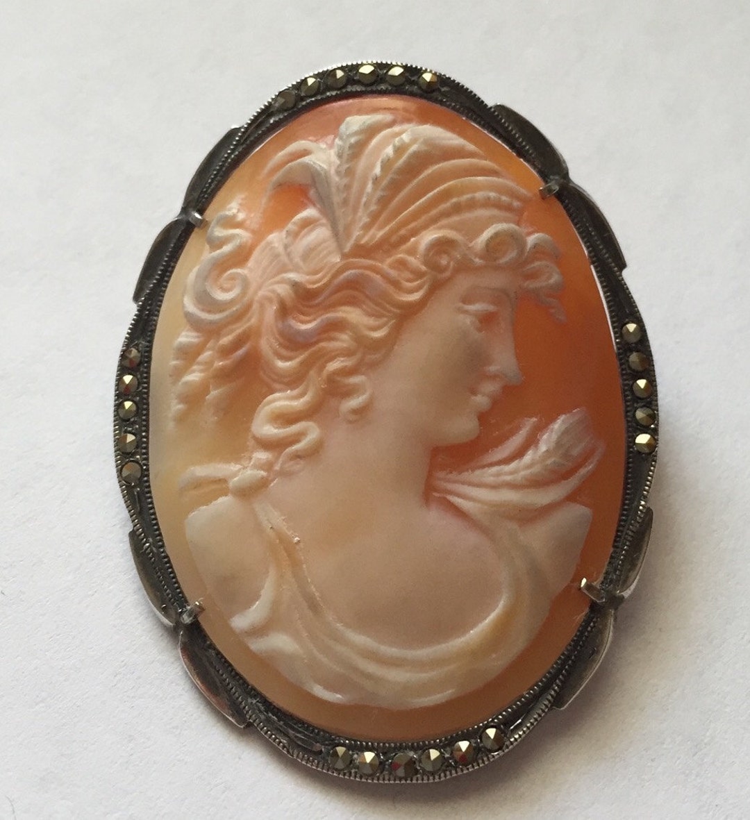 Exquisite 800 Silver and Marcasite European Carved Shell Cameo Brooch ...