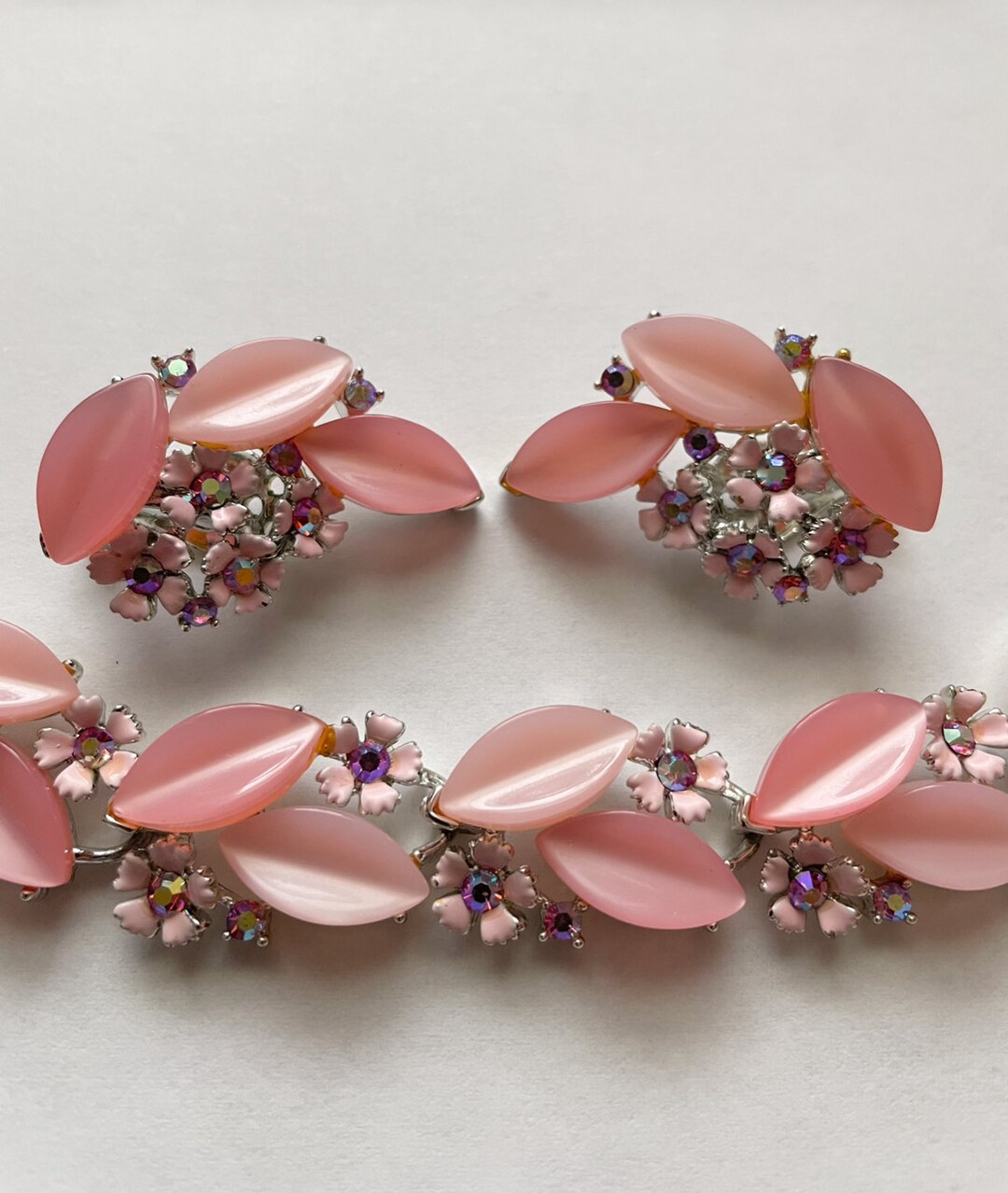 Vintage Lisner Pink Lucite Rhinestone and Enamel Necklace and Earrings ...