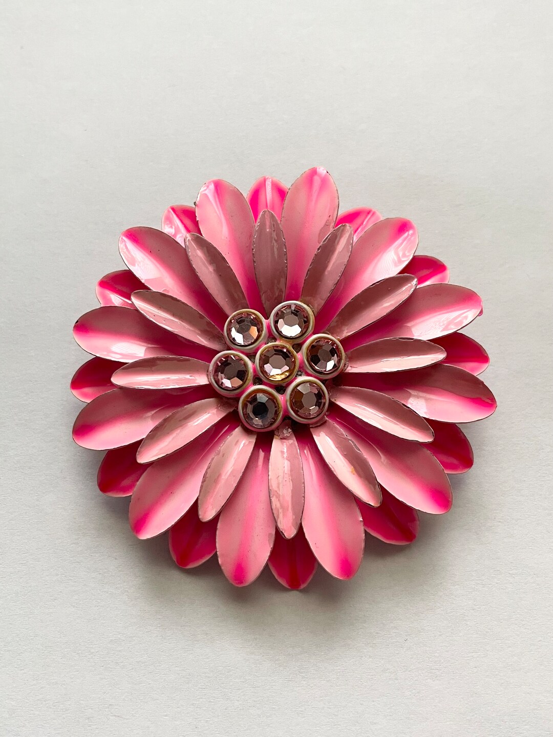 Vintage Retro Hot Pink Enamel and Rhinestone Flower Pin - Etsy