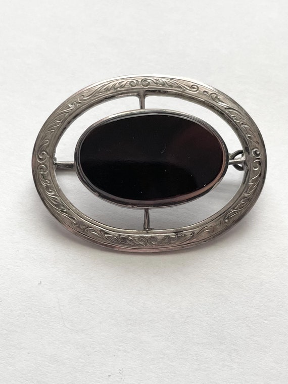 Antique Edwardian 800 Silver Onyx Mourning Pin Brooch - Gem
