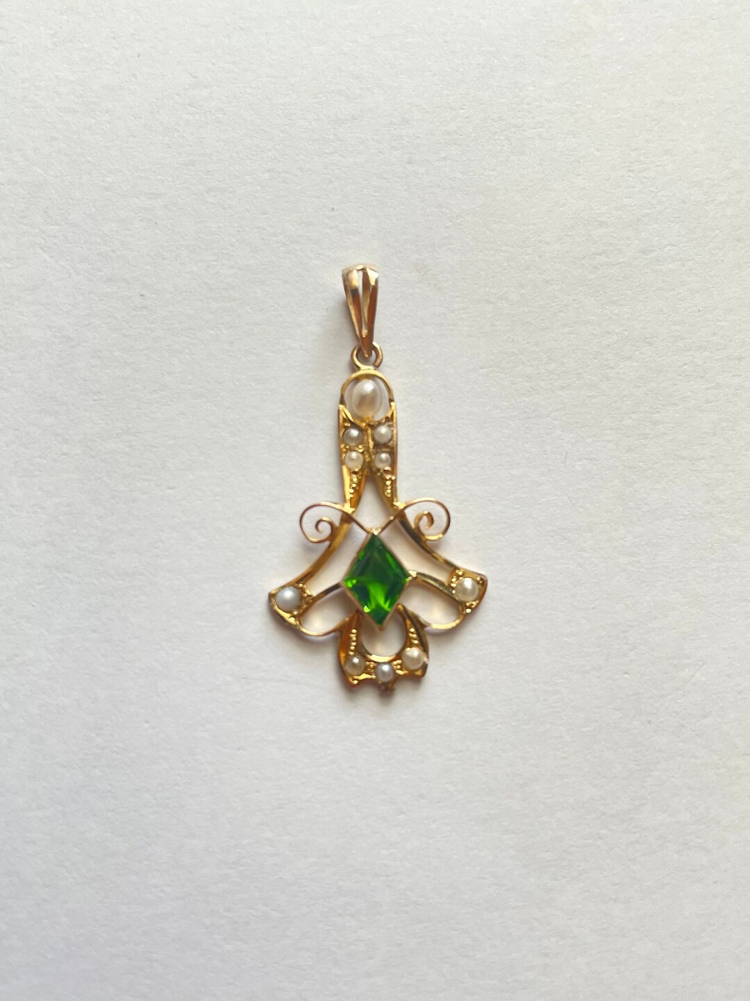 Art Deco 10k Gold Pearl and Green Glass Lavalier Pendant - Etsy