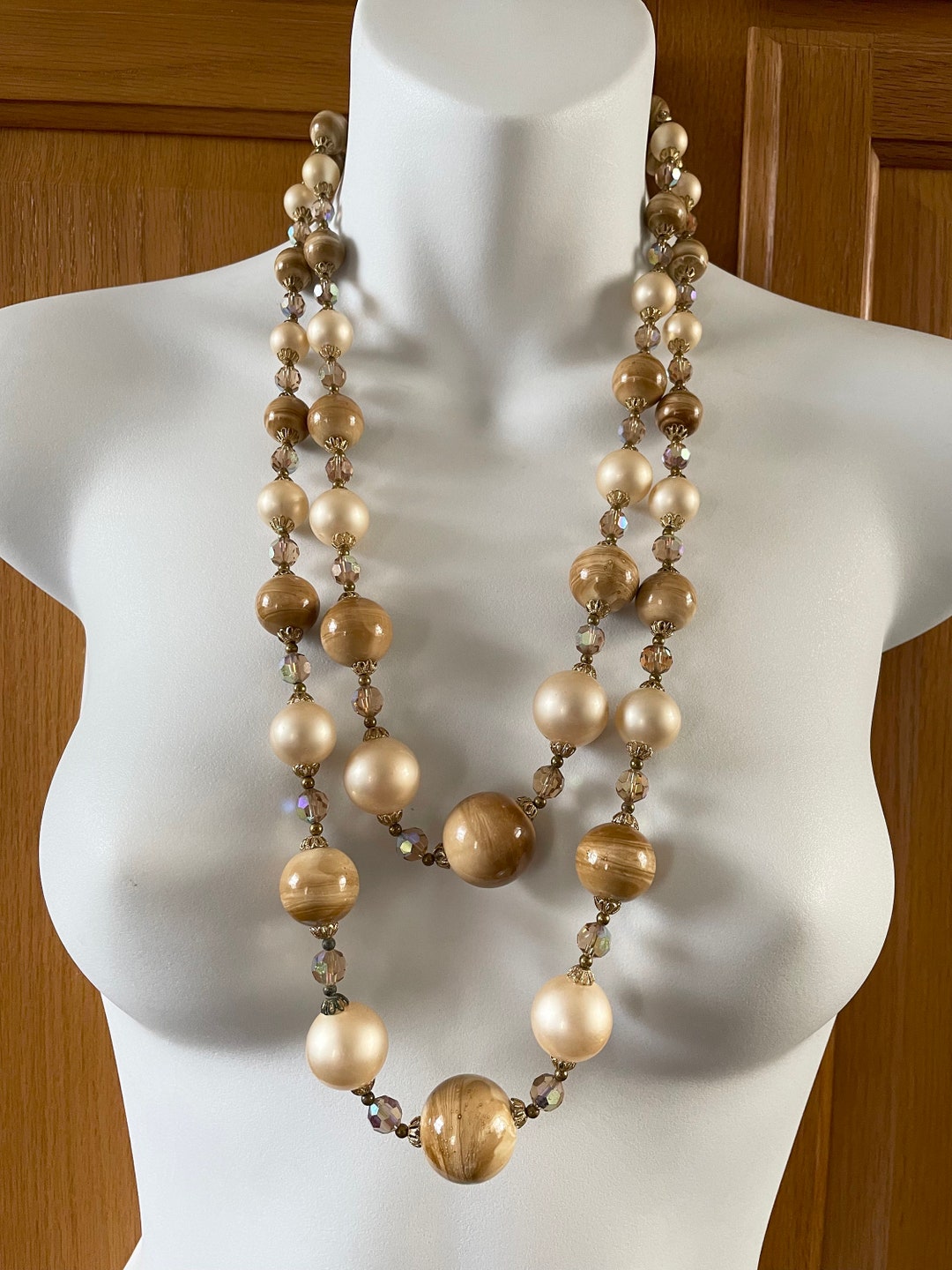 Vintage Long Double Strand Beige Color Bead Necklace - Etsy