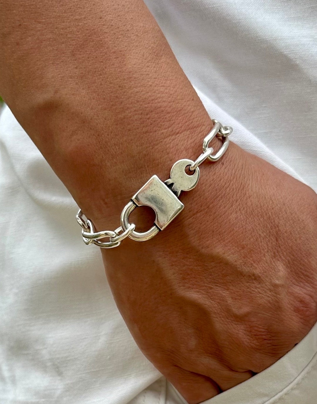 Women’s Silver Bracelet Padlock & Key Bracelet Silver Links Bracelet ...