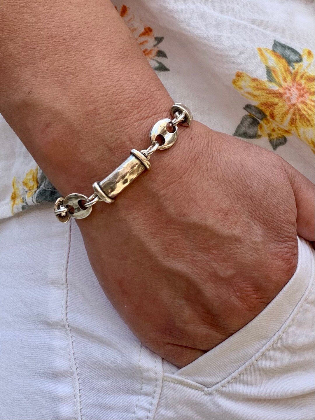 Women’s Silver Bracelet Antique Silver Links Bracelet Chunky Boho ...