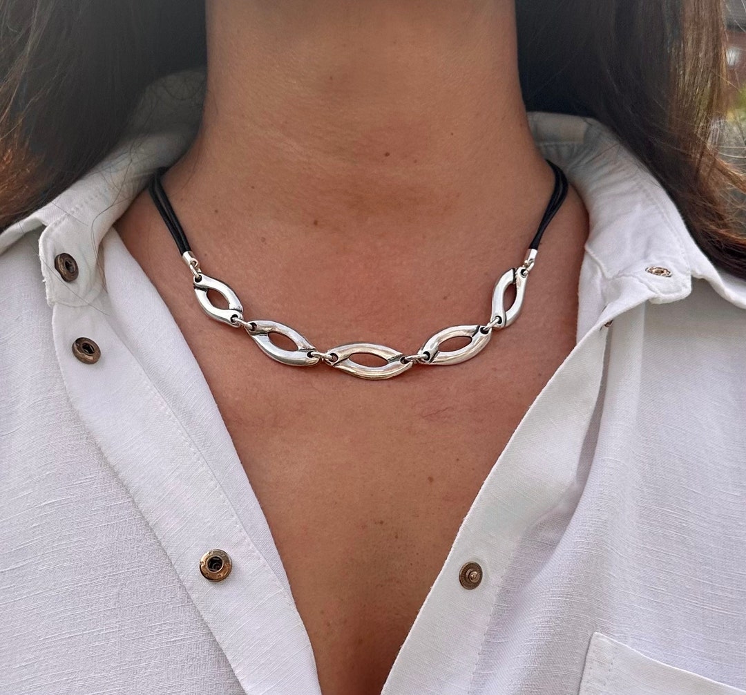 Women’s Leather Necklace Silver Links Necklace Geometric Statement ...