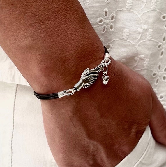 Womens Leather Bracelet Silver Holding Hands Magnetic Clasp Wrap Boho Bracelet Silver Plated Gift for Women Etsy