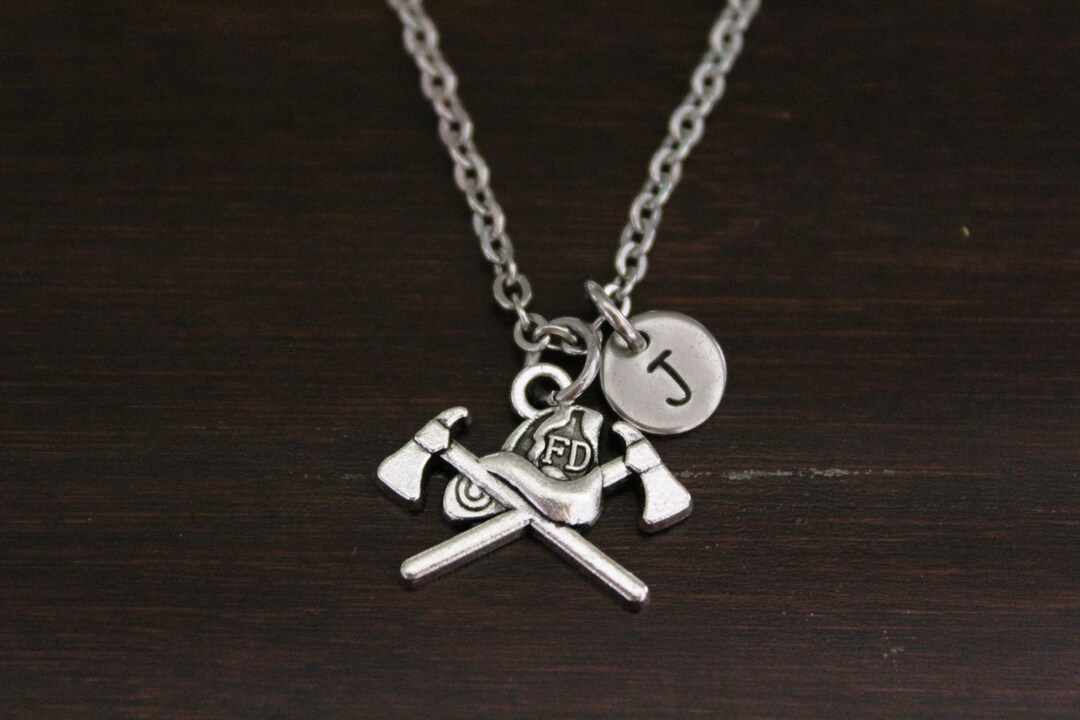 Fire Helmet & Ax Necklace - Fire Dept Necklace - Fire Dept Jewelry ...