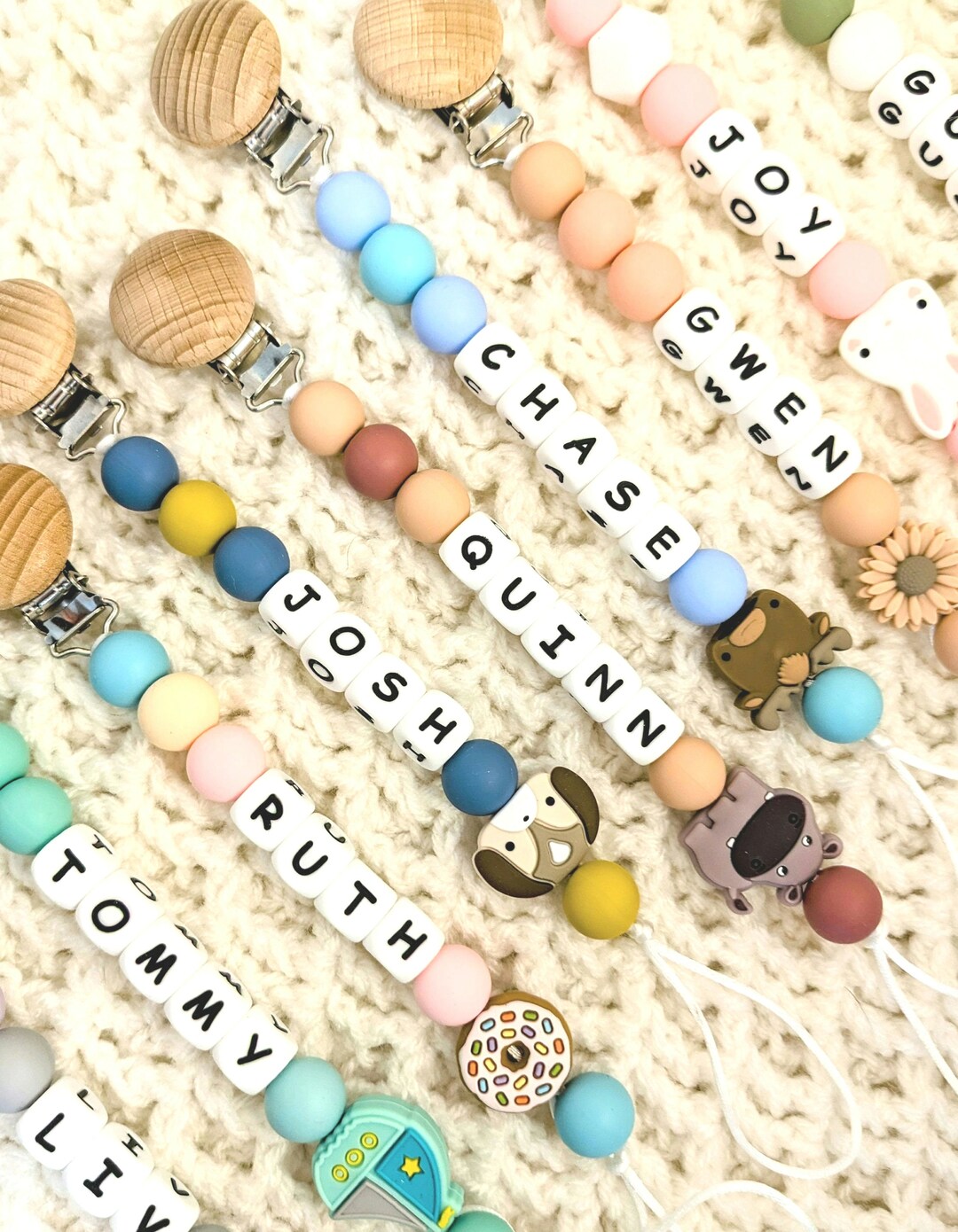 Personalized Pacifier Clips With Cute Charm Beads Daisy, Donut, Flower ...