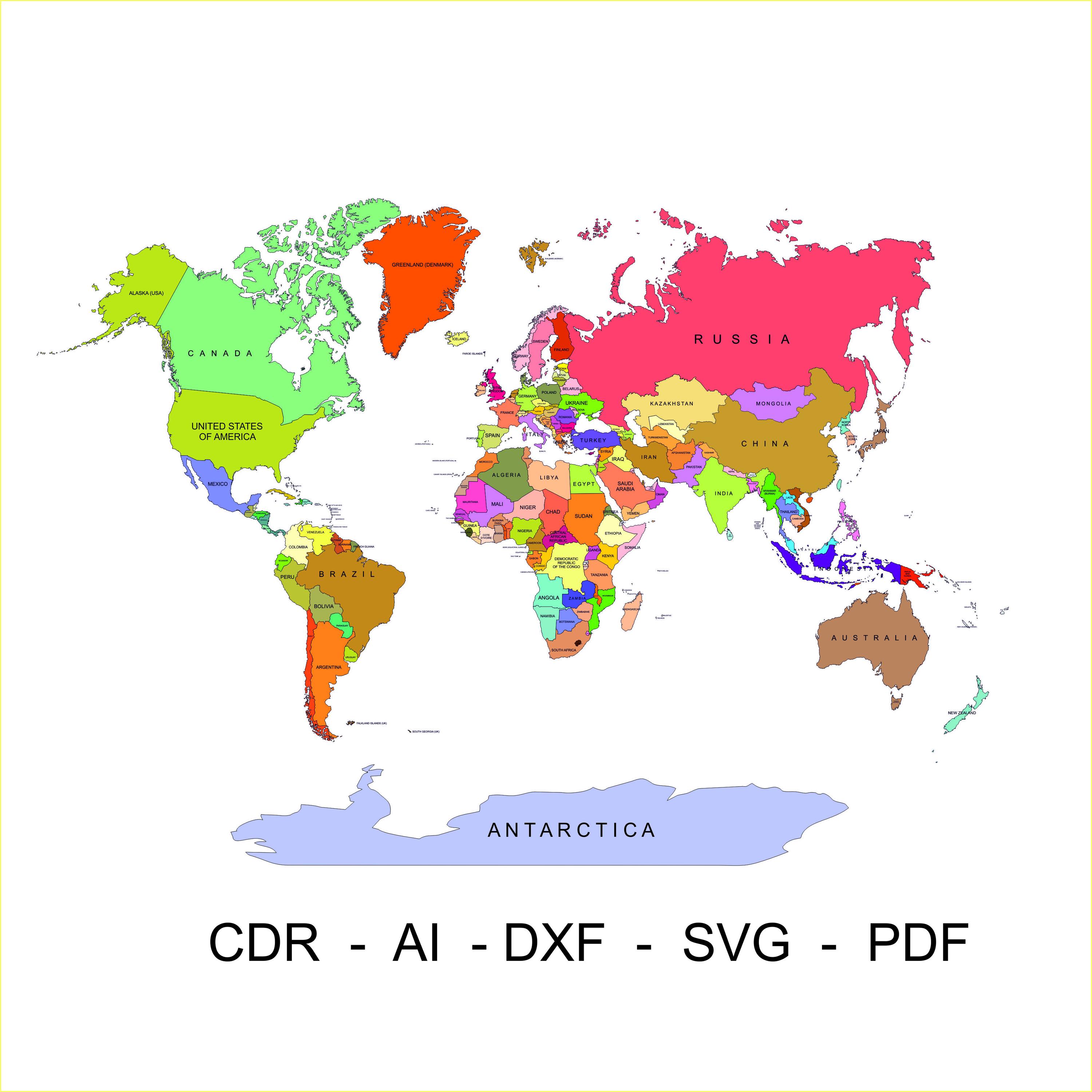 Detailed World Map Svg, Laser Cut File, World Map DXF, Svg World Map ...