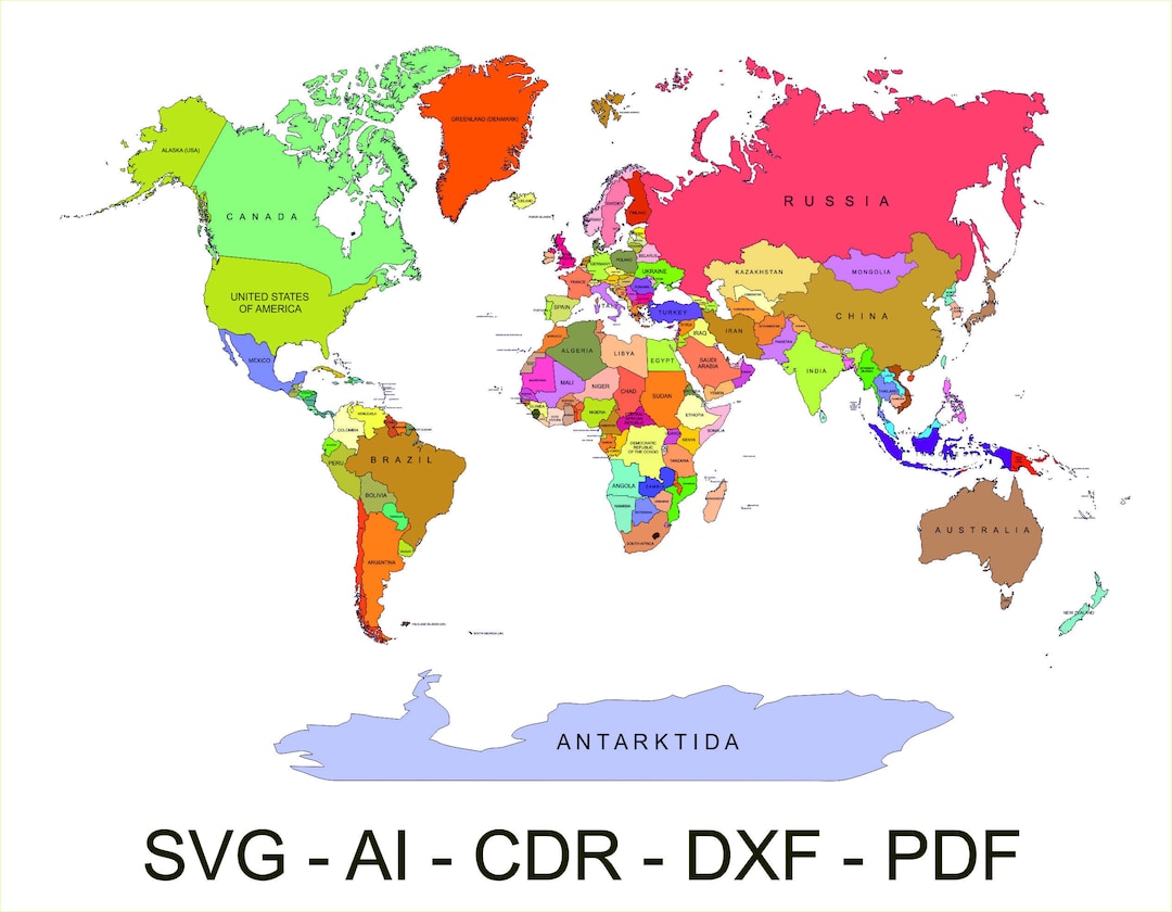 Detailed World Map Svg, Laser Cut File, World Map DXF, Svg World Map ...