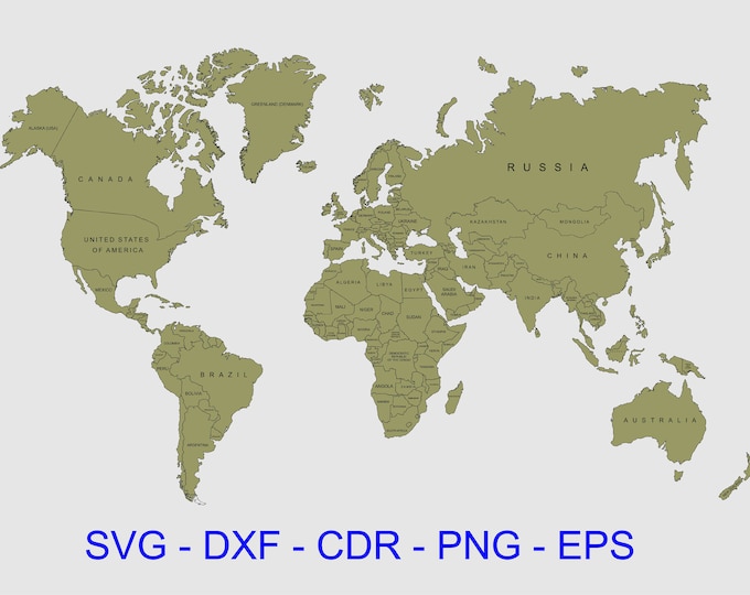 World Map Svg, Laser Cut File, World Map DXF, Svg World Map, World Map ...