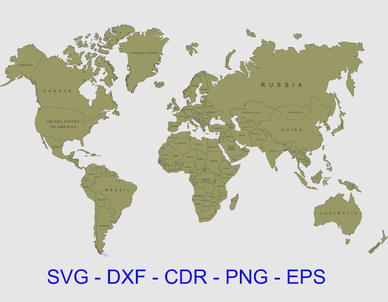 World Map Svg, Laser Cut File, World Map DXF, Svg World Map, World Map ...