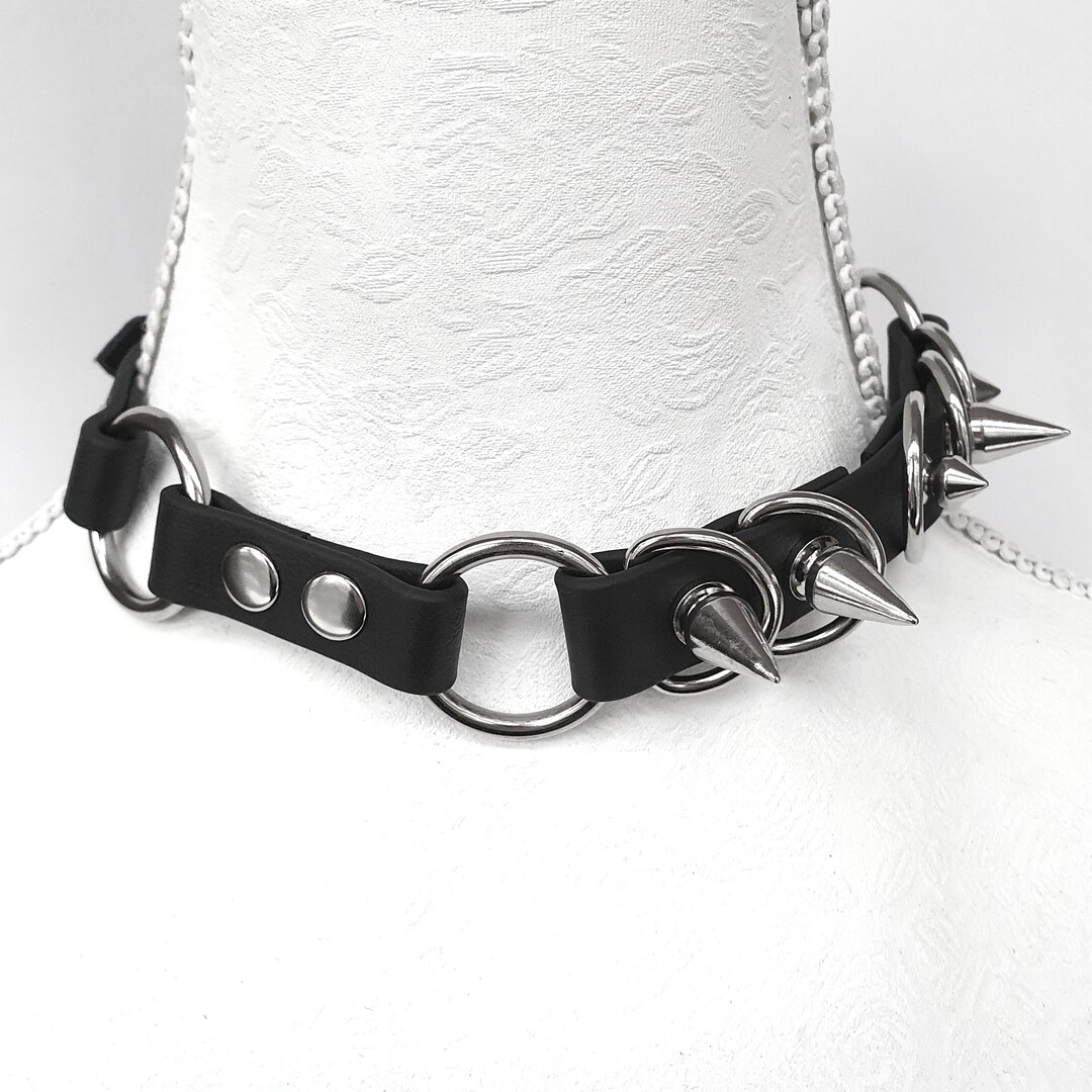 Asym Goth Choker 15-17 Inches Faux Leather Spiked Black O Ring Biothane ...