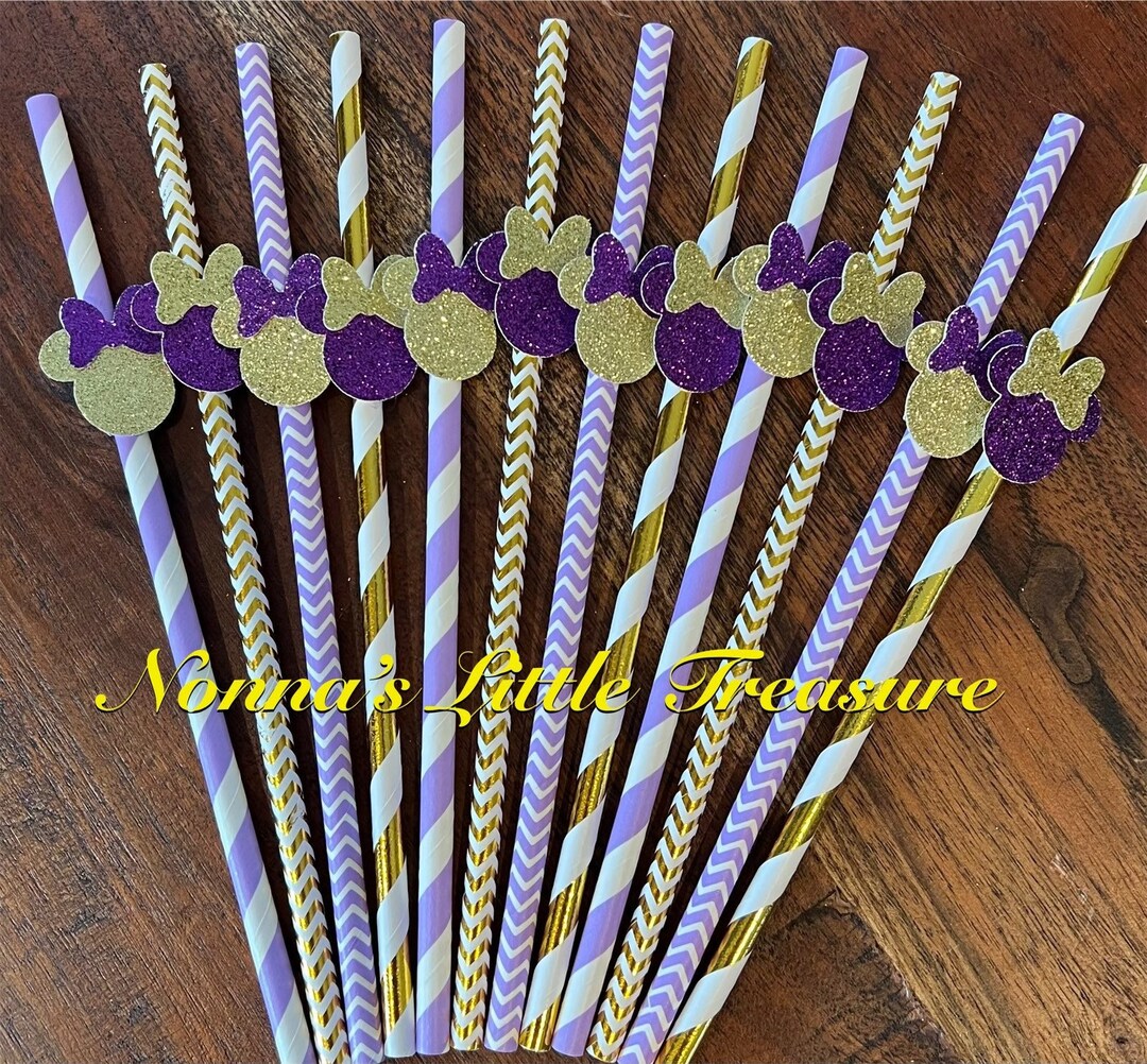 Purple and Gold Minnie Mouse Straws, Birthday Party Decor (set of 12 ...