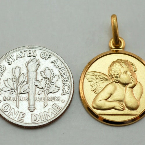14k Gold Guardian Angel Medal Solid Gold Angel Pendant for - Etsy