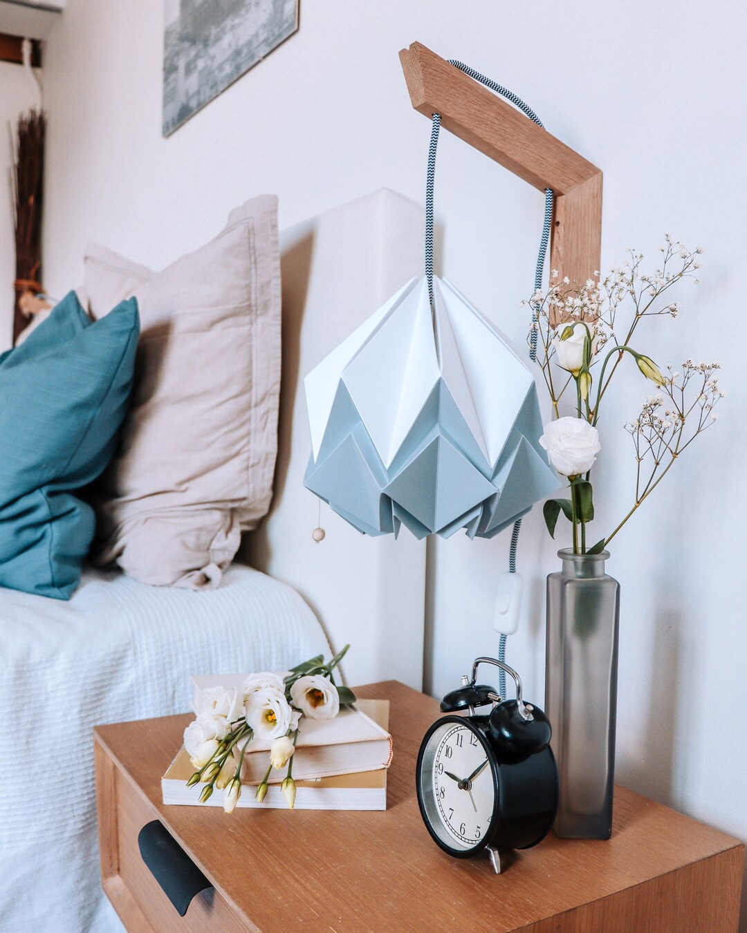 Origami Wall Lighting Fixture - Wooden Bracket With Paper Pendant Light ...