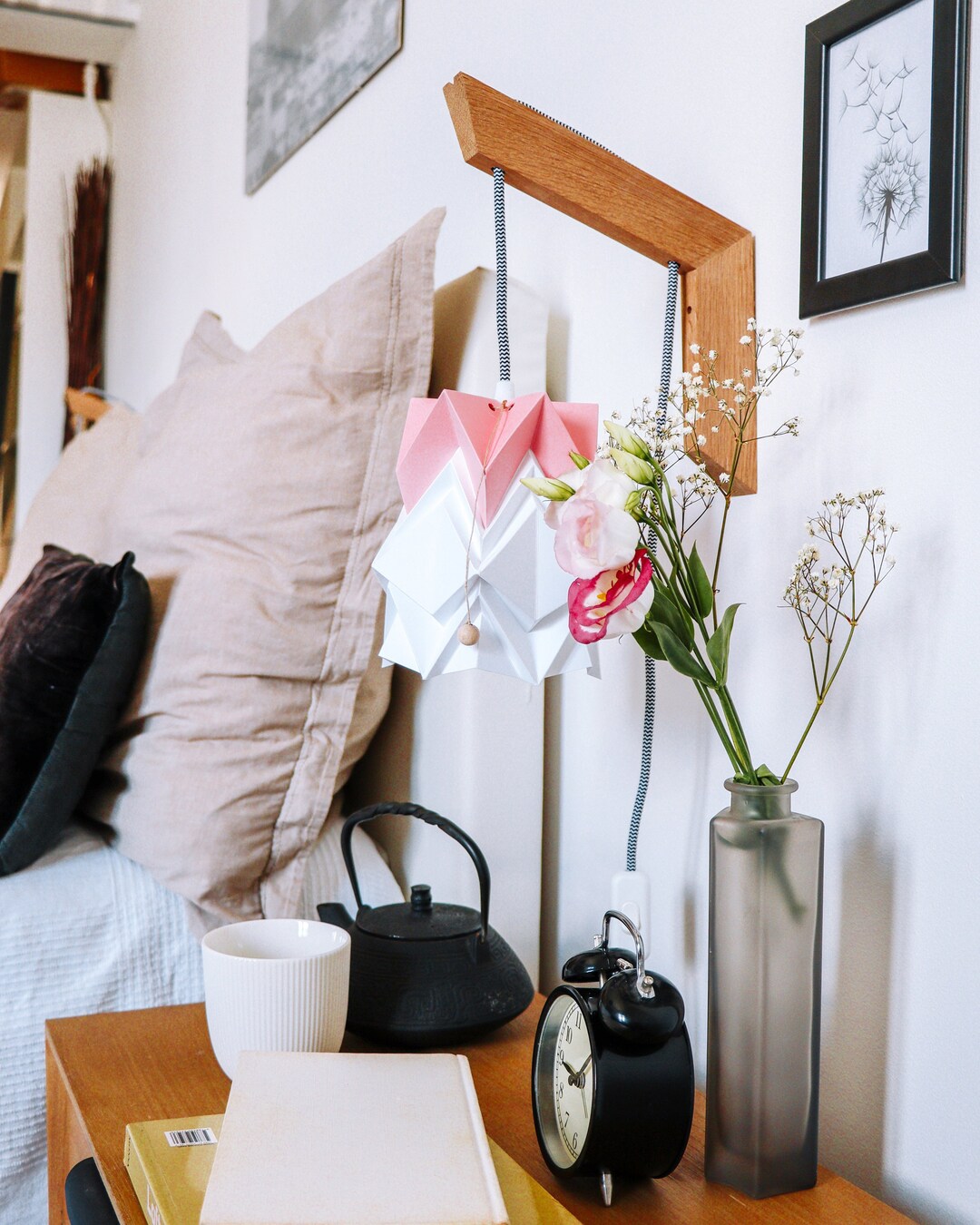 Origami Wall Lighting Fixture - Wooden Bracket With Small Paper Pendant ...