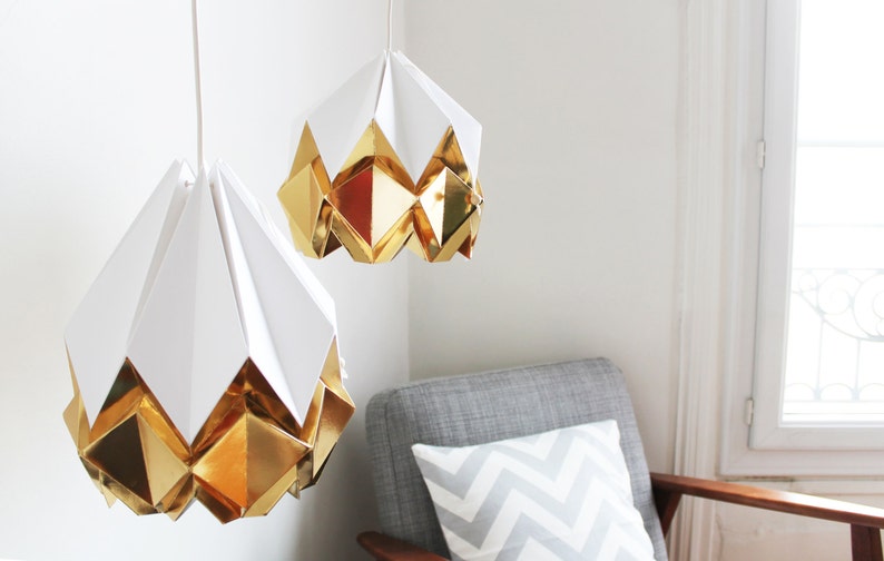 Origami Lampshade in White and Gold Paper Medium Size - Etsy