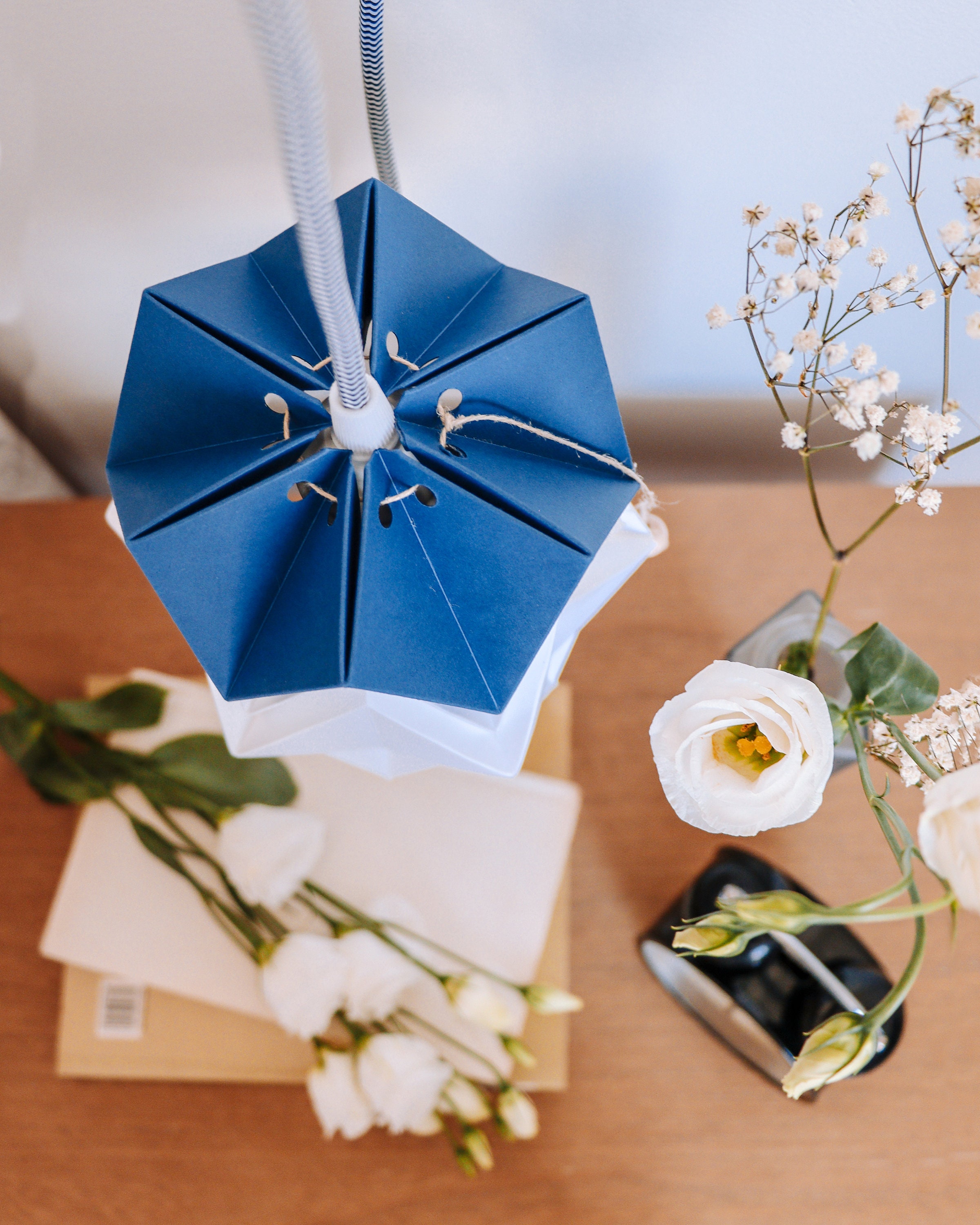 Origami Wall Lighting Fixture - Wooden Bracket With Small Paper Pendant ...