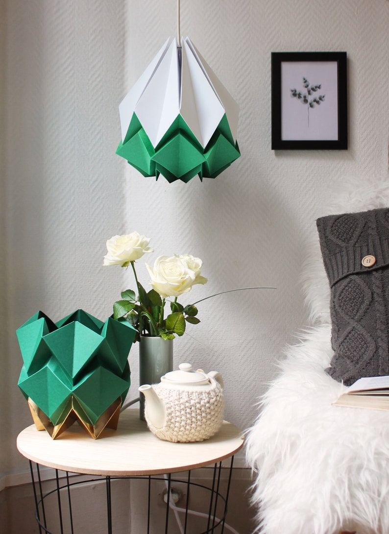 LAST ITEMS - Origami Lampshade in White and Forest Green Paper, Large ...