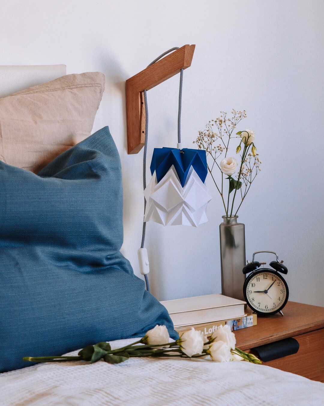 Origami Wall Lighting Fixture - Wooden Bracket With Small Paper Pendant ...