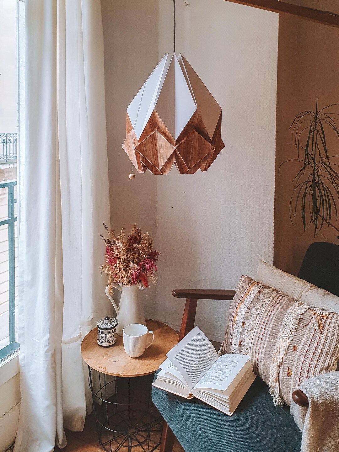 Large Origami Lampshade in White Paper and Ecowood Veneer - Etsy