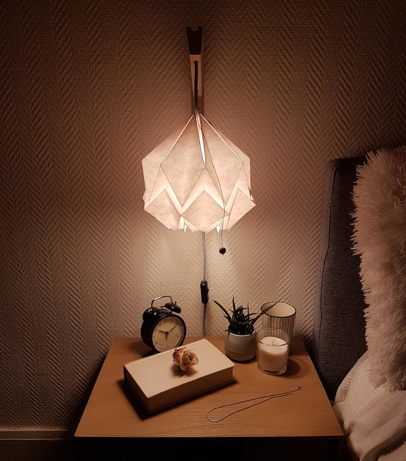 Origami Wall Lighting Fixture - Wooden Bracket With Paper Pendant Light ...