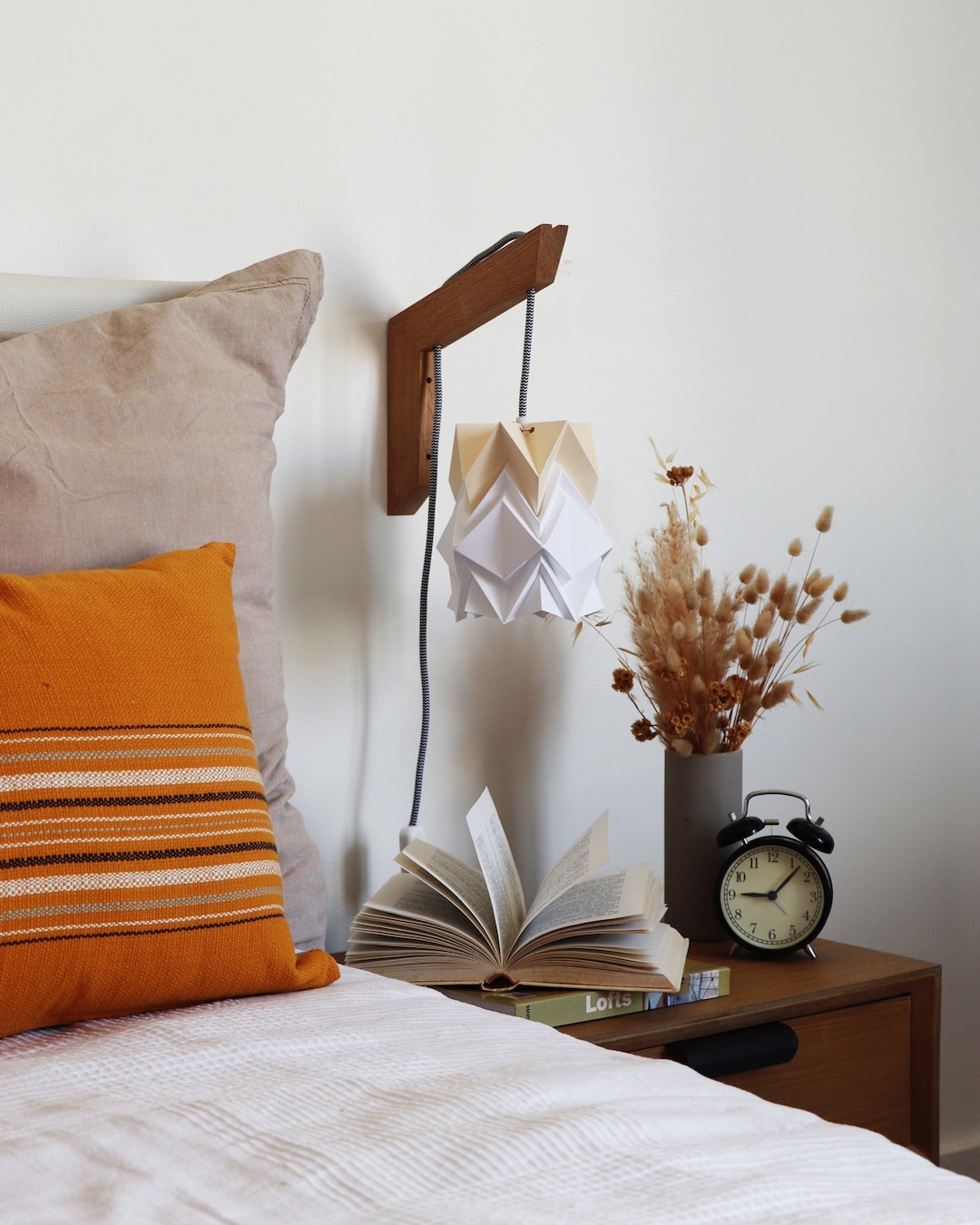 Origami Wall Lighting Fixture - Wooden Bracket With Small Paper Pendant ...