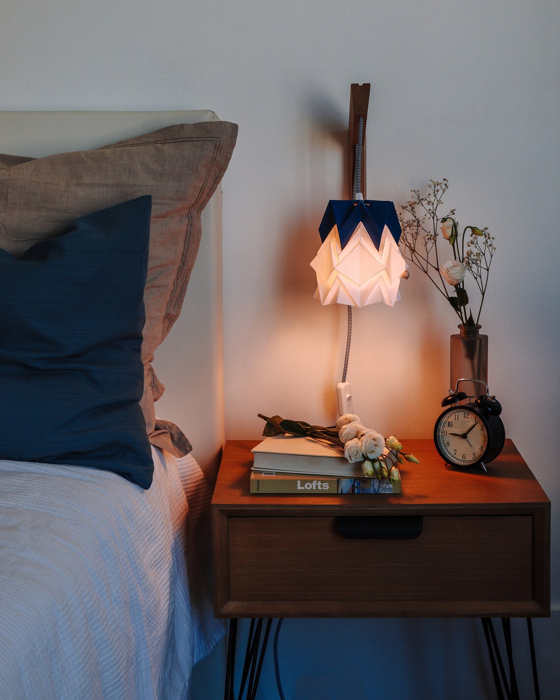 Origami Wall Lighting Fixture - Wooden Bracket With Small Paper Pendant ...