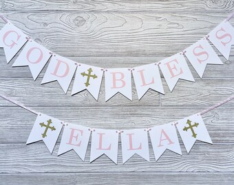 God Bless Banner, Pink and Gold Baptism Banner, Baptism Banner ...
