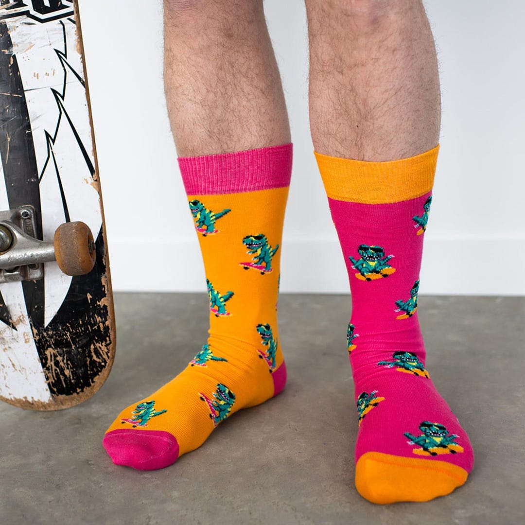 Dinosaurs on Skateboards Retro Socks | Friday Sock Co Mismatched Socks ...