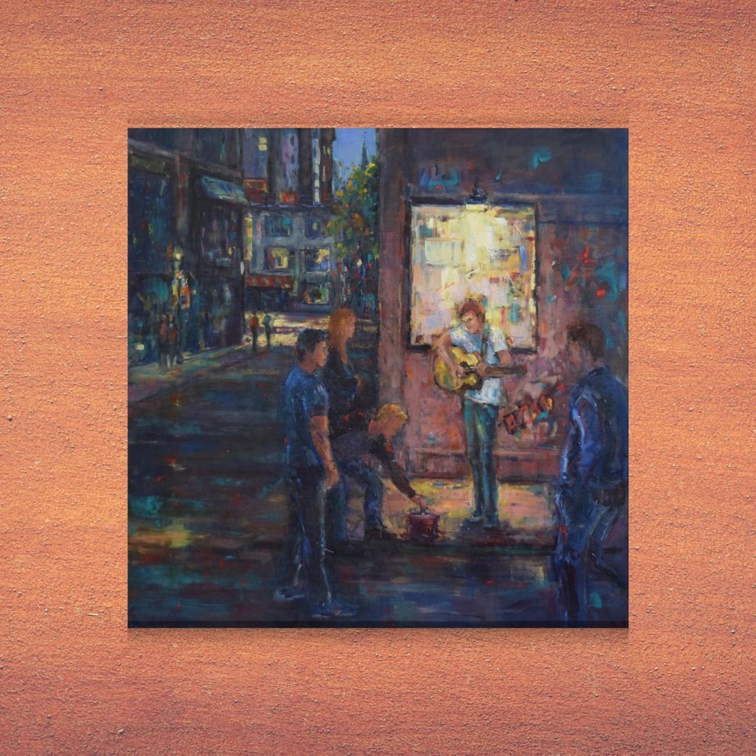 City Scene With Street Musician, Large Oil Painting of Busking Guitar ...
