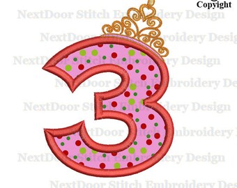 Princess Crown Birthday Number 3 Machine Embroidery Applique - Etsy