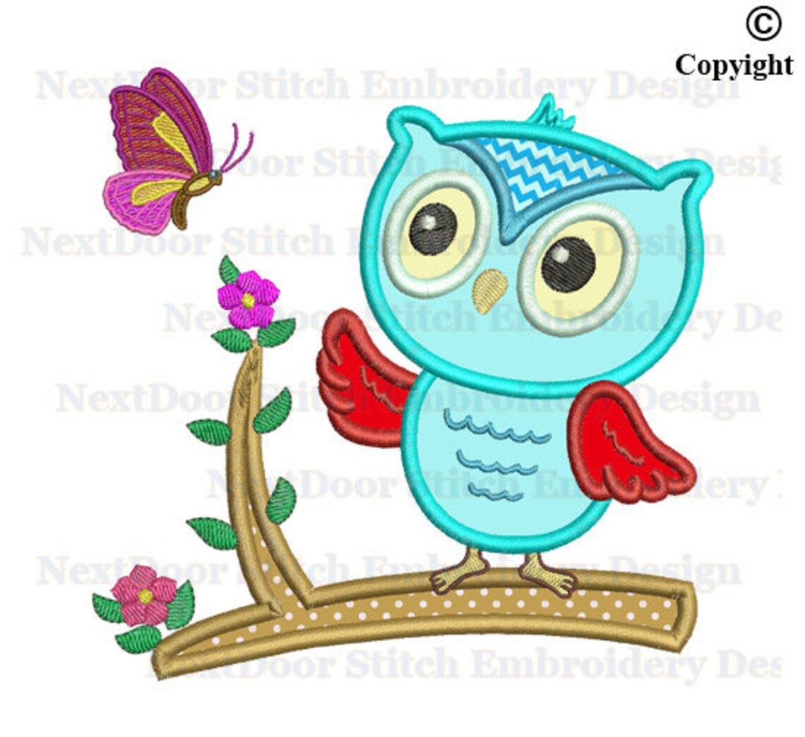 Owl Embroidery Applique Design Sit on Branch Butterfly - Etsy