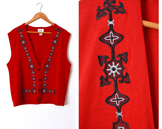 90s KORET Sweater Vest | Red Acrylic Wool Knit Button Down Vest ...